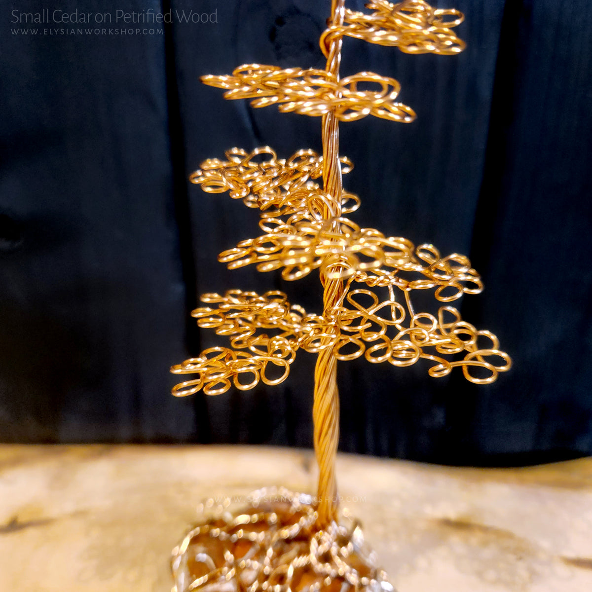 Copper Wire Cedar Tree Sculpture on Petrified Wood – Elysian Workshop